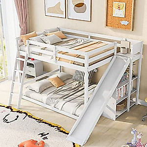 BOVZA Full Over Full Bunk Beds with Slide, Wood Floor Low Bunk Bed Frame with Storage Shelves and Ladder for Kids Boys Girls Teens, White