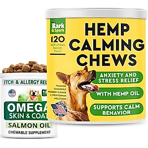 Omega 3 for Dogs + Calming Hemp Treats for Dogs Bundle - Fish Oil Chews for Dog Shedding, Skin Allergy, Itch Relief + Anxiety Relief - Separation Aid - Stress Relief During Fireworks, Storms, Thunder