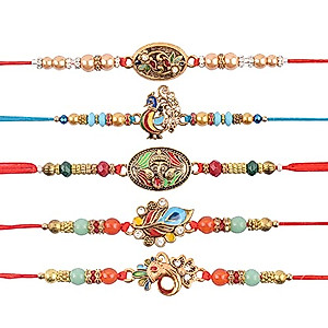SATVIK 5 Pc Rakhi for Brother Bhaiya Bhabhi Traditional Handmade Assorted Designer Rakhi Set Roli Chawal, Greeting Card & Soun Stickers Rakhi Thread Rakhdi Bracelets Rakshabandhan
