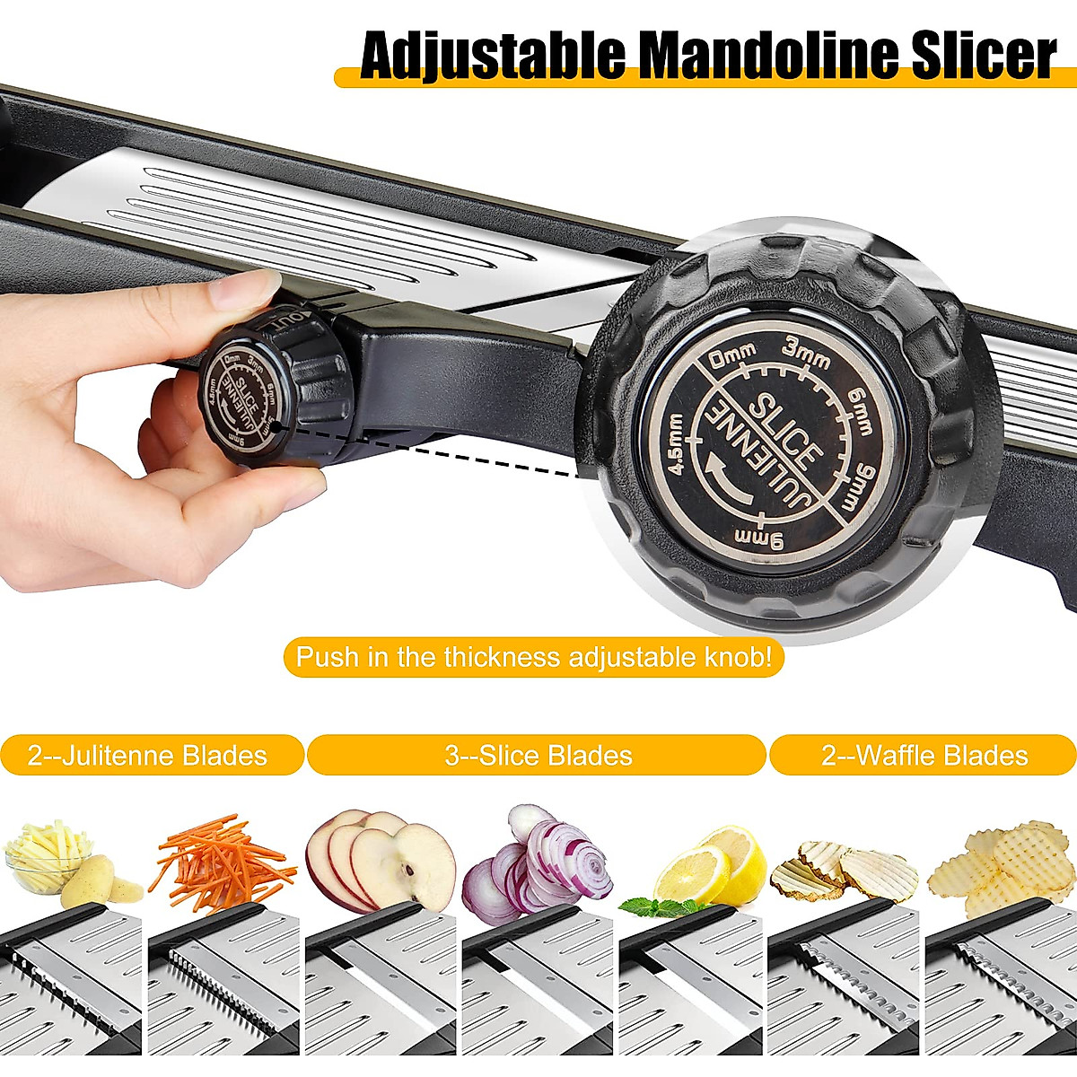 Mandoline Food Slicer for kitchen, Adjustable Stainless Steel Mandoline Vegetable slicer, Food slicer Onion Potato Chip French Fry 7 in-1 vegetable slicer
