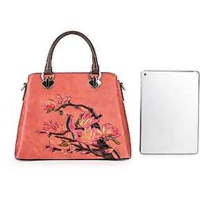 LDCHNH Fashion Genuine Leather Handbag Ladies Large Capacity Vintage Bag Floral Pattern Vintage Style Tote Bag