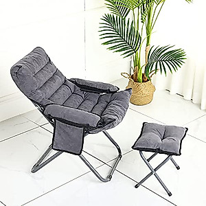 Faytn Living Room Lazy Chair with Ottoman, Foldable Lounge Reclining Armchair Comfy Chair with Side Pocket Footrest for Bedroom/Office/Hosting, Grey