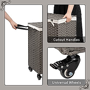 ALIMORDEN Wicker Laundry Hamper with Lid and Wheels Handles 100L Clothes Laundry Basket with 2 Removable Liner Bags Large Hampers for Laundry Organizer 3 Sections for Bedroom Bathroom Grey