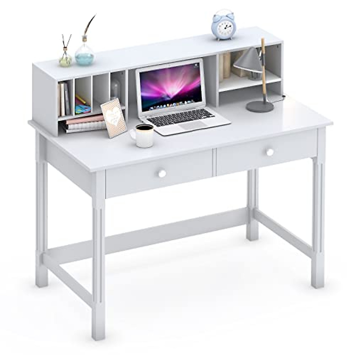 WiberWi Computer Desk with Drawers and Hutch, 43.3 inch White Home Office Desks Small Makeup Vanity Desk Table with Storage for Small Spaces Bedroom, Writing Desk Study Table