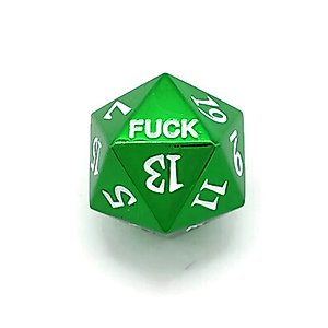 Green Metal D20 F Dice Critical Fail F 20 Sided Die Set DND Silver Chrome Color Number for Role Playing Game Dungeons and Dragons D&D Pathfinder Shadowrun and Math Teaching