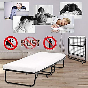 Folding Bed Frame with Wheel, Rollaway Bed with Mattress for Adults, Foldable Twin Bed with Thick Memory Foam Mattress for Spare Bedroom&Office, Camping Cot Portable Folding Bed for Adults&Kids 350LBS