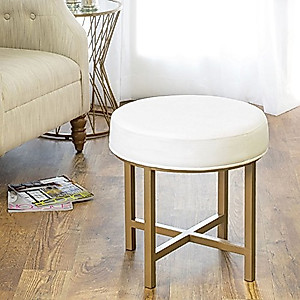 HomePop Round Metal Base Decorative Ottoman, White Velvet