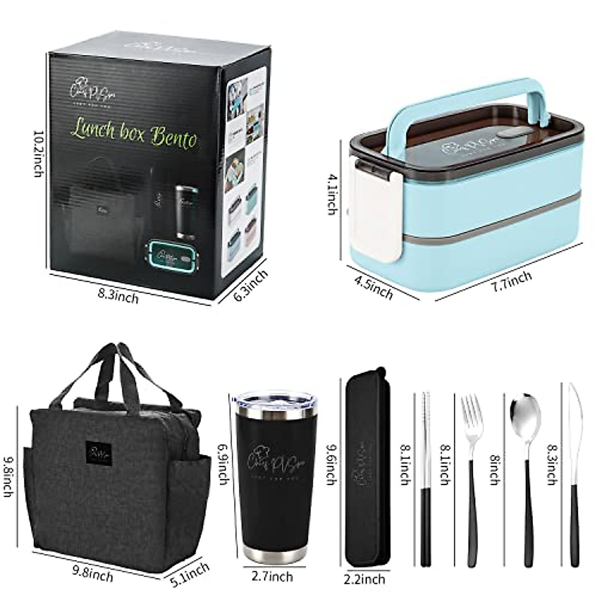 PVSpro JUST FOR YOU Bento Box Set with Insulated Tote, Mug & Cutlery Set, Stackable Bento Box for Lunch, Bento Kit Lunch Box with Handle, Large Bento Lunchbox Container, Japanese Bento (Sky blue)