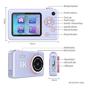 Digital Camera for Kids Girls Boys- 48MP Kids Camera with 32GB SD Card, Full HD 1080P Front and Rear Cameras Rechargeable Mini Camera for Students, Teens, Kids - Purple