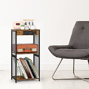 ETELI Record Player Stand with Album Storage Vinyl Record Storage Table with Power Outlet 3 Tier Turntable Stand Industrial Side Table for Living Room Bedroom Office, Brown