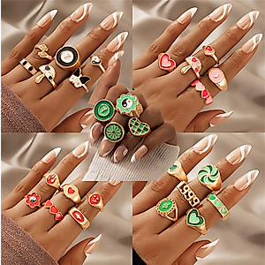 Colorful Rings for Women Teen Girls, Cute Y2K Rings, Chunky Heart Flower Ying Yang Rings,Y2K Jewelry, Trendy Gold Signet Enamel Rings, Aesthetic Statement Stackable Rings (28pcs y2k)