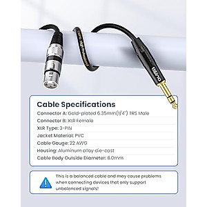 tisino XLR Female to 1/4 Inch (6.35mm) TRS Jack Lead Balanced Signal Interconnect Cable XLR to Quarter inch Patch Cable - 6.6 Feet