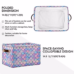 senya Large Foldable Storage Basket, Mermaid Fish Scale Wave Fabric Storage Bin Organizer Bag with Handles 15 x 11 x 9.5 inch