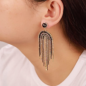 Kercisbeauty Black Rhinestones Beads Gold Chandelier Earrings Fringe Dangle Drop Jewelry for Women Girls Vintage Wedding Bridal Jewelry (Black 1)