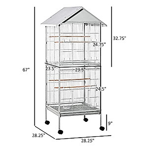 PawHut Wrought Metal Bird Cage Feeder with Rolling Stand Perches Food Containers Doors Wheels 67" H, White