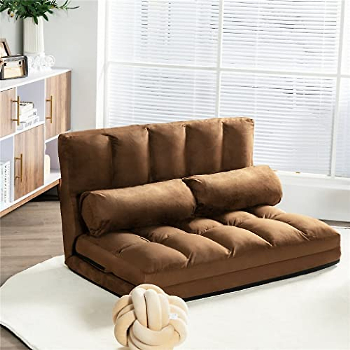 Walnut Foldable Floor Sofa Bed 6-Position Adjustable Couch with/ 2 Pillows Brown Adjustable Floor Sofa