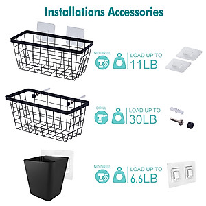LIGHT DUST Wall Hanging Baskets - 8 Set Black Baskets & Cups Wire Basket Metal Wall Organizer Bins for Kitchen Pantry Cabinet Bathroom Shower Door RV [Included Adhesive Hooks & Wall Mounted Screws]