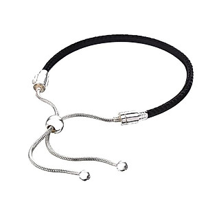 Adjustable European Charm Bracelets 3mm Steel Snake Chain Fits Pandora Beads Pendants & More (Black Leather Sliding Bracelet)