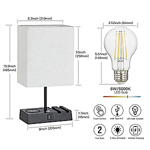 YAMEIWAN Wireless Charging Table Lamp with USB Ports and Phone Stands - Beside Lamps Set of 2 with 3 Way Dimmable Touch Control for Bedroom - Nightstand Lamps with USB A+C (2 Bulbs Included)
