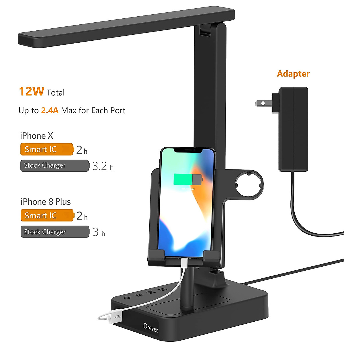 Drevet 3 in 1 LED Desk Table Lamp with Cell Phone Holder and Apple Watch Charger Stand, Eye-Caring Foldable Desk Light with USB Charging Port, 3 Level Brightness, Memory Function, Touch Control, Black