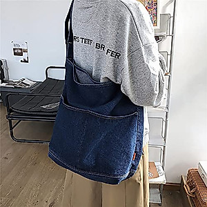 Denim Shoulder Bag Large Hobo Tote Bag Casual Canvas Bag Retro Crossbody Bag for School Travel Work (Dark Blue)