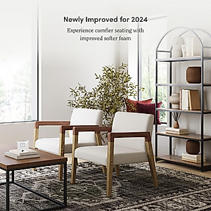 Nathan James Hudson Accent Living Room Chair, Comfy Reading Bedroom Chair, Mid-Century Wood Armchair, Upholstered Fabric and Leather Armrest