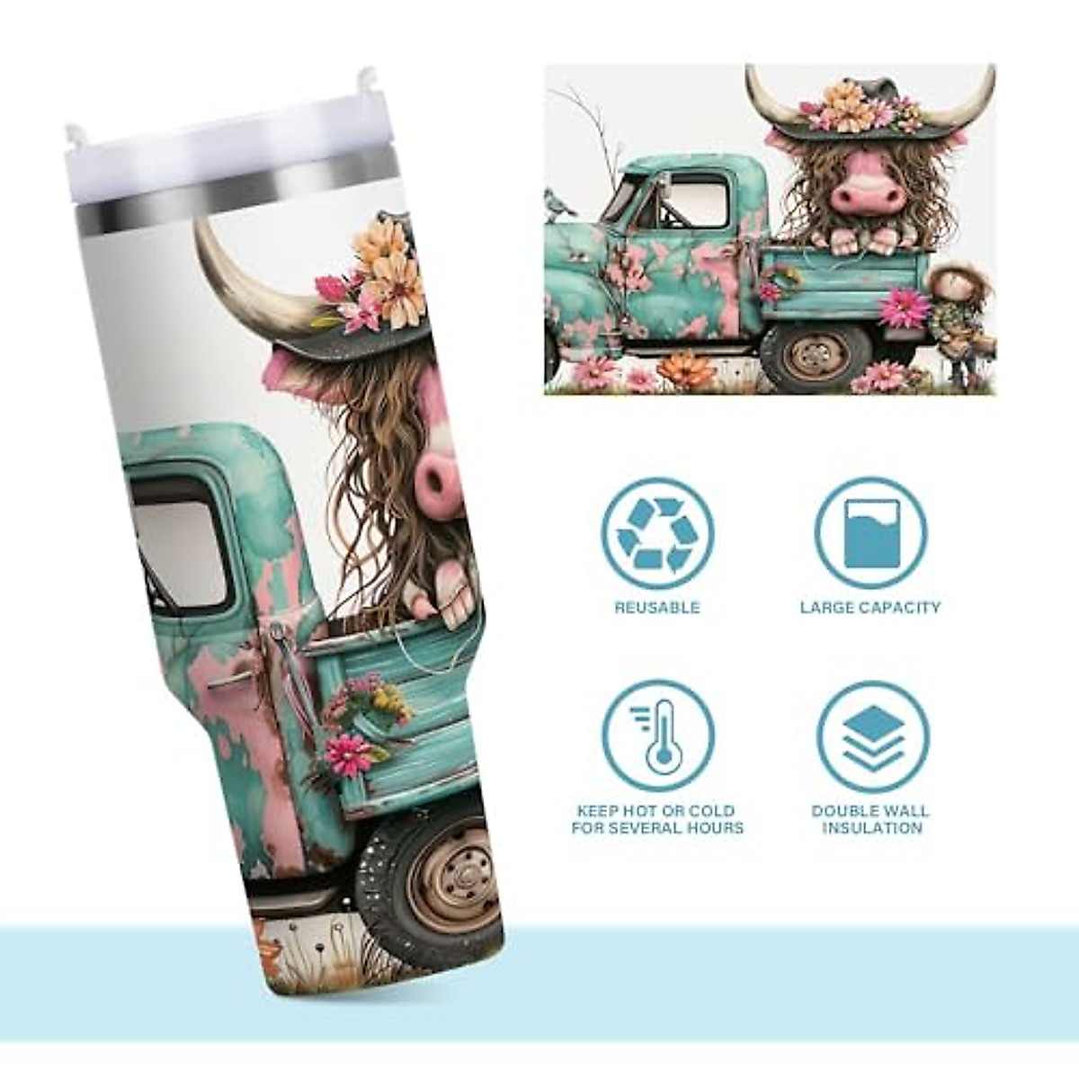 RPLIFE Beautiful Pink Highland Cow White Coffee Tumbler, Stainless Steel Coffee Cup, Insulated Coffee Mug with Lid, Tumblers for Women