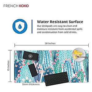 French Koko Large Mouse Pad Long Desk Mat Keyboard Pad Desktop Accessories Home School College Decor Supplies Pretty Extended Mousepad Big Office Essentials Women Girls XL Plant Pink Green Cute Cactus