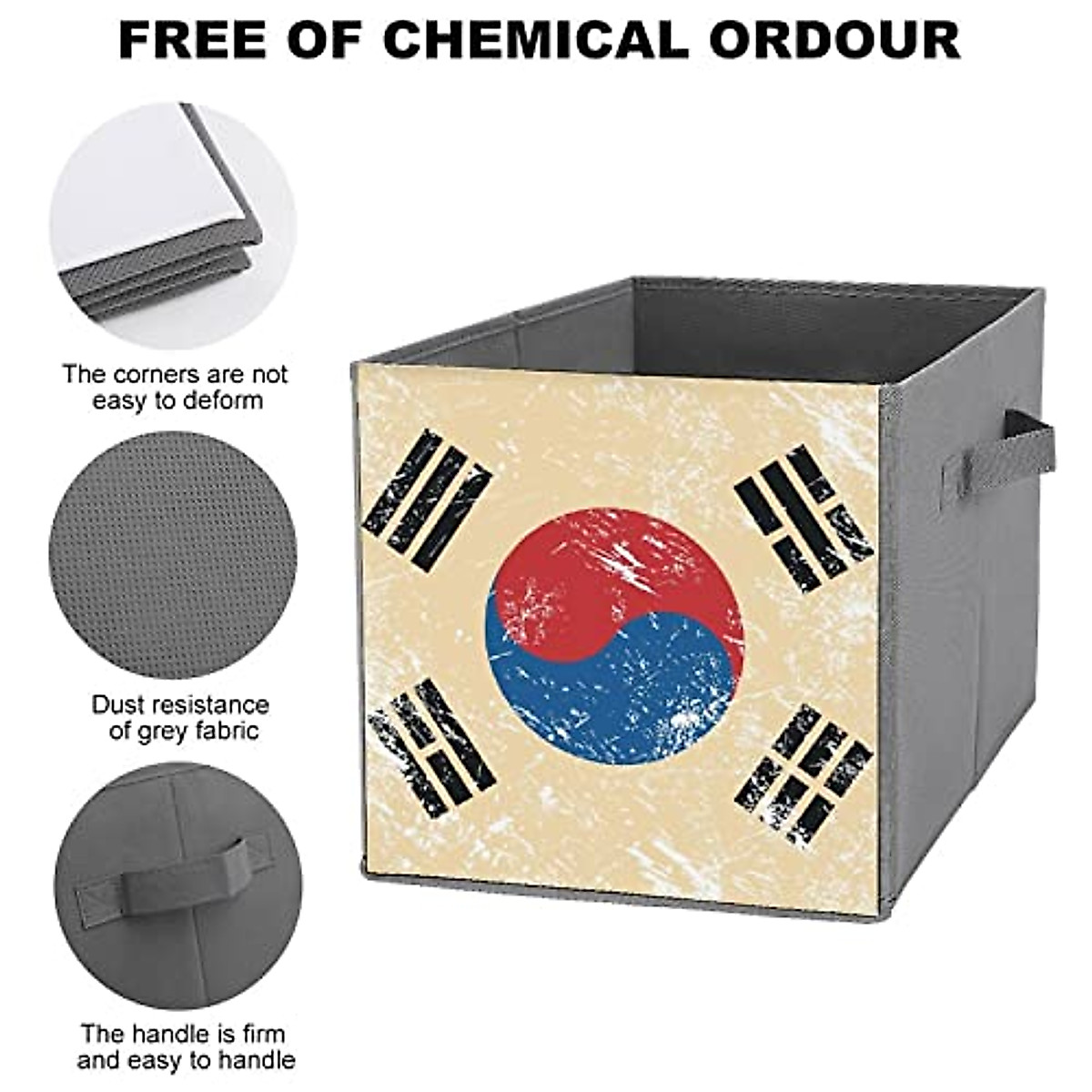 Retro South Korea Flag Storage Bins Cubes Foldable Fabric Organizers with Handles Clothes Bag Book Box Toys Basket for Shelves Closet 10.6"