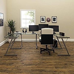 Walker Edison Ellis Modern Glass Top L Shaped Corner Gaming Desk with Computer Keyboard Tray, 51 Inch, Silver