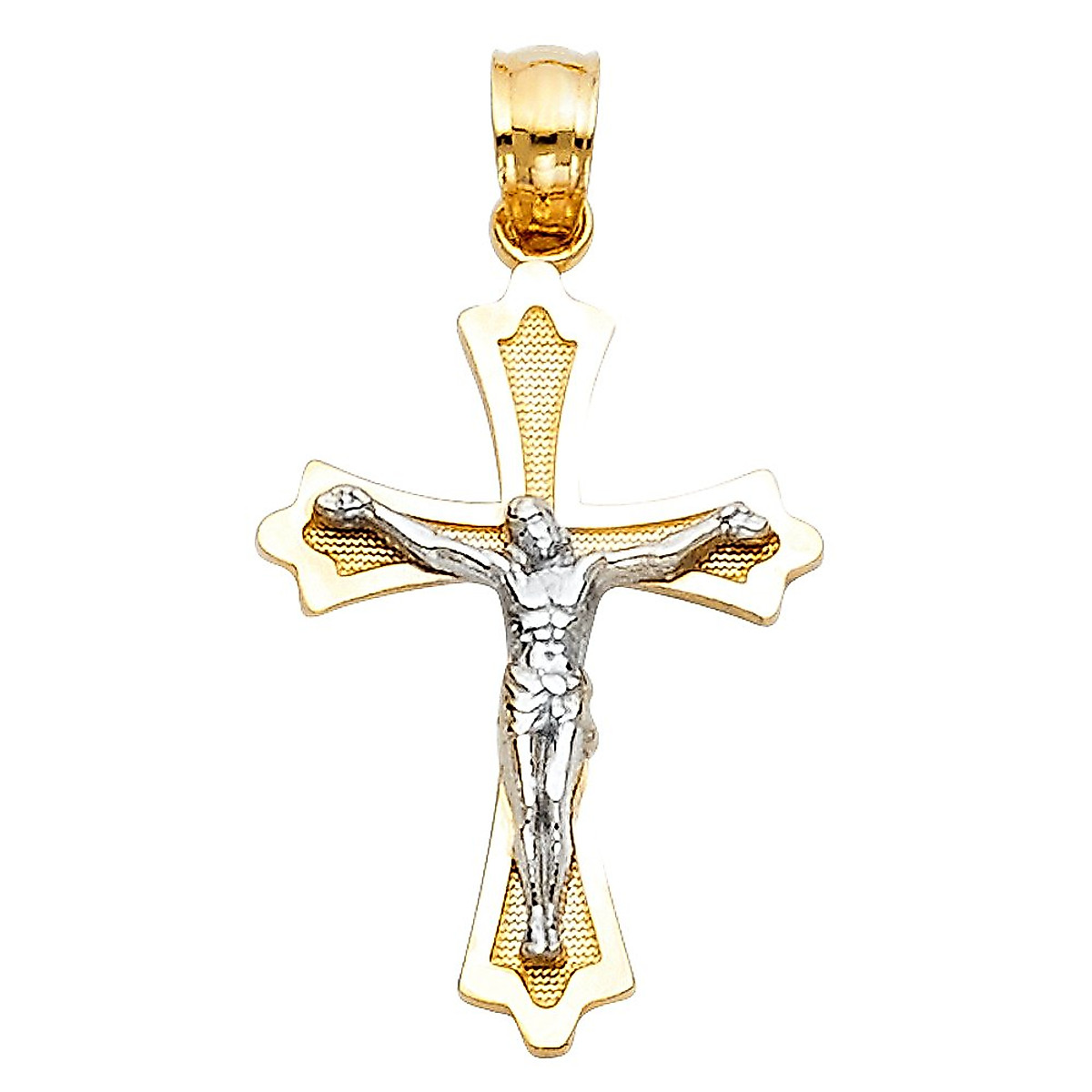 14K Two Tone Gold Jesus Crucifix Cross Pendant with 1.2mm Flat Open Wheat Chain Chain Necklace - 16"