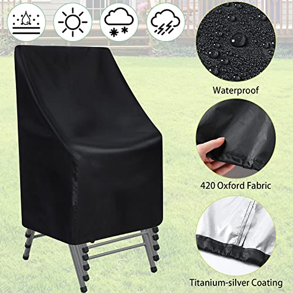 Tegeme 4 Pieces Outdoor Patio Chair Covers, Waterproof Stackable High Back Seat Covers, Outside Garden Lawn Cover for Anti-UV, Snow Dust, Windproof, Black (47 x 25 x 25 x 27.5 Inch)