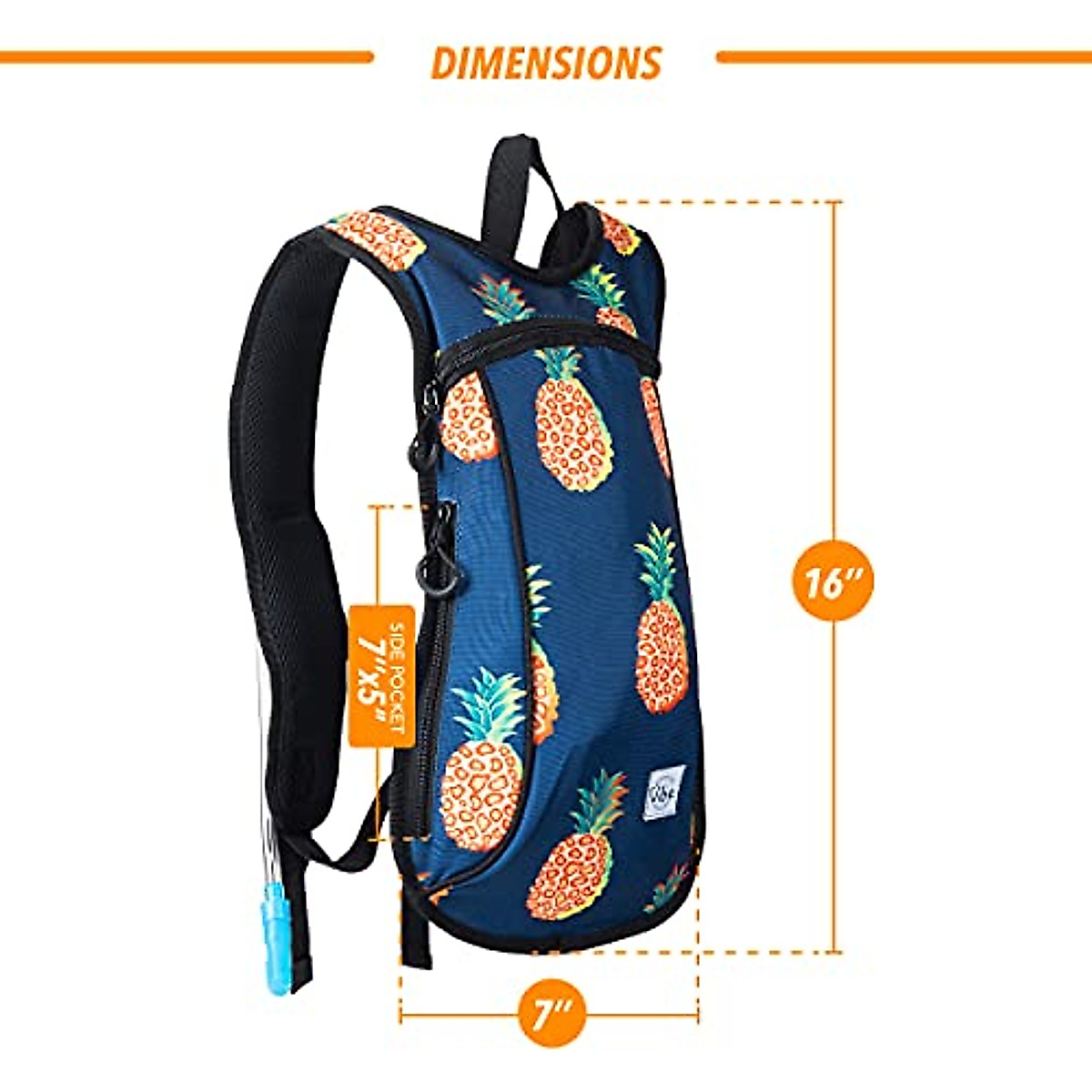 Vibe Hydration Pack Backpack with 2L Bladder for Women, Men, Teens, Kids - Sports, Outdoor, Running, Camping, Hiking, Festivals, Raves (Pineapple)