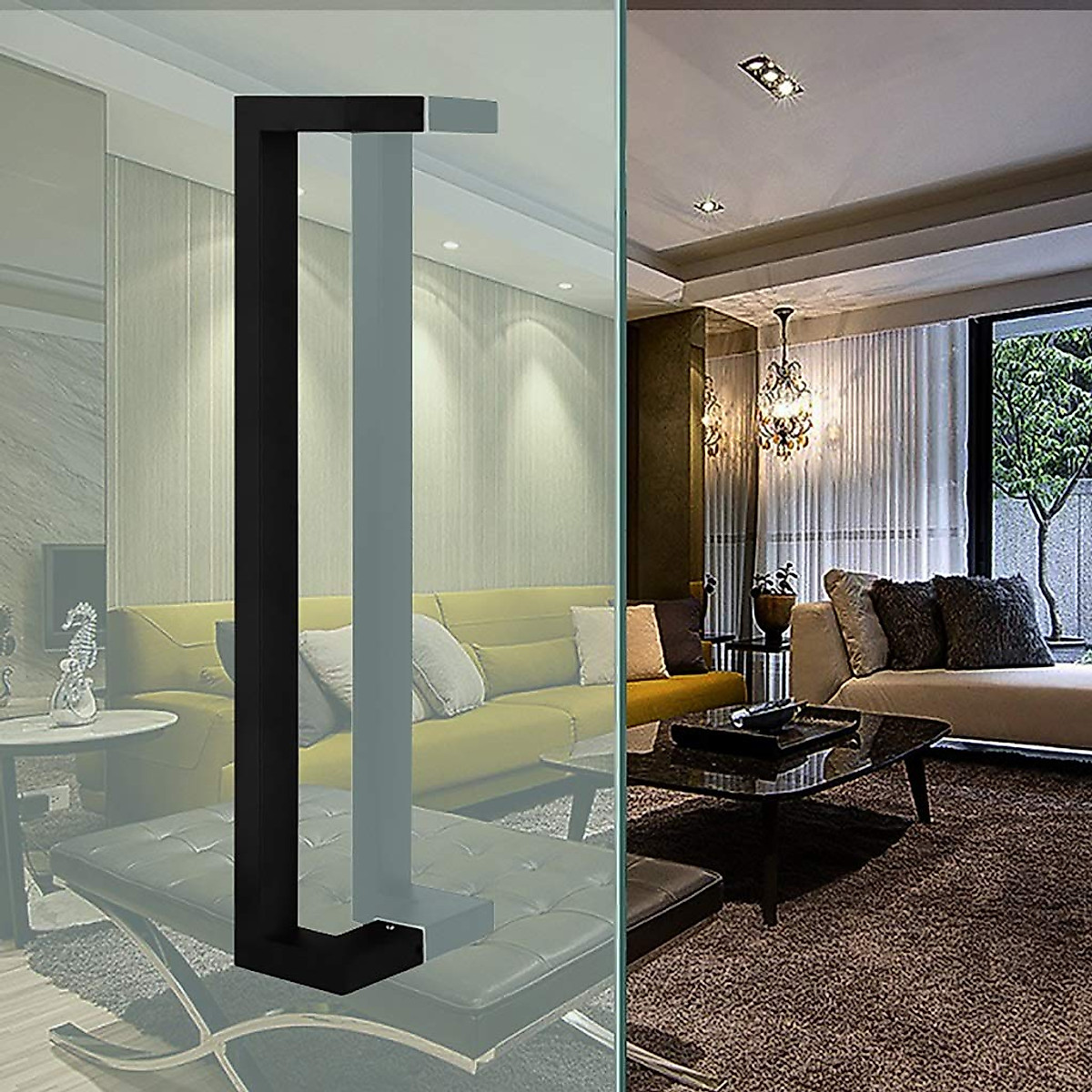 Door Hardware, Black Stainless Steel Double Curved Square Tube Glass Door Handle KTV Push-Pull Door Handle Sliding 3 Lengths -600×575mm