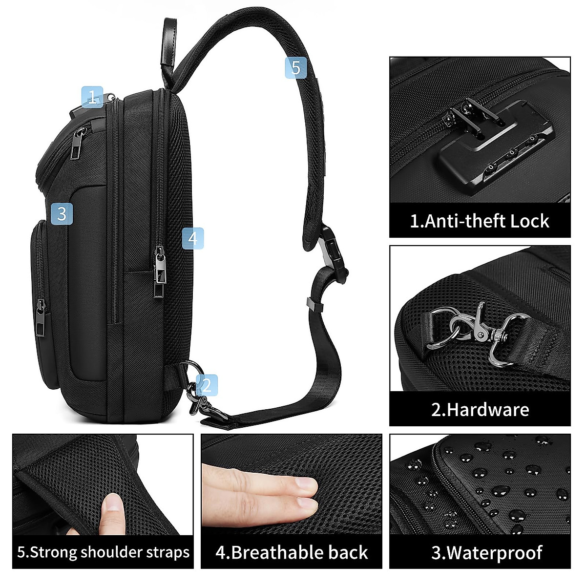 OZUKO Sling Backpack Sling Bag Crossbody Backpack Shoulder Casual Daypack Rucksack for Men (Black1)