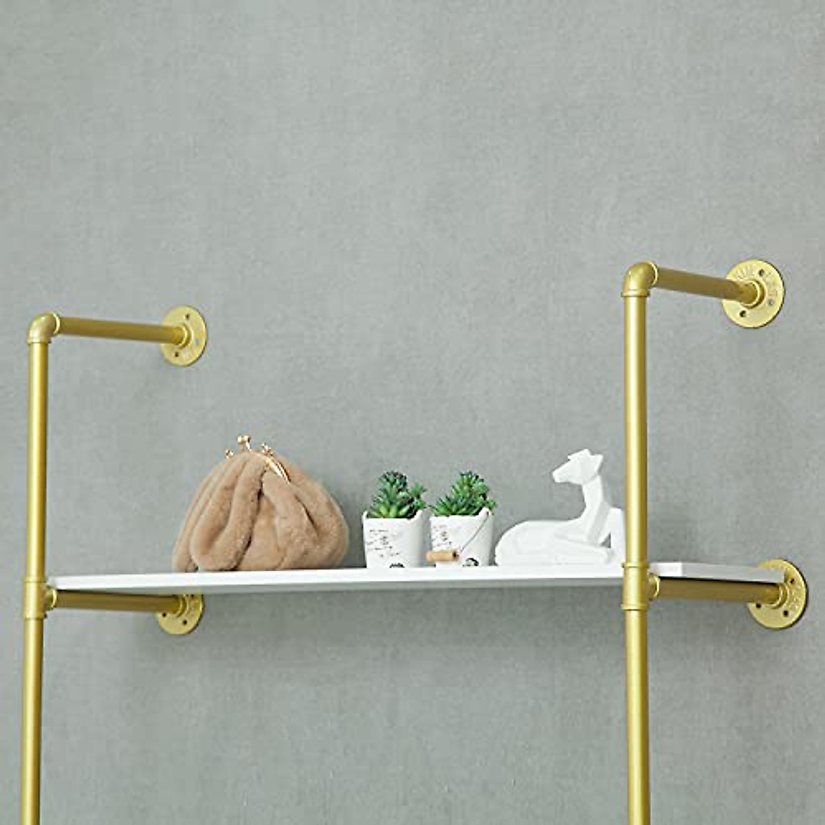 Industrial Pipe Wall Mounted Garment Rack with Top Shelf, Detachable Pipe Clothes Rack, Space-Saving Hanging Bar, Detachable Multi-Purpose Rod for Closet Storage, Gold, 47.2x10 Inches