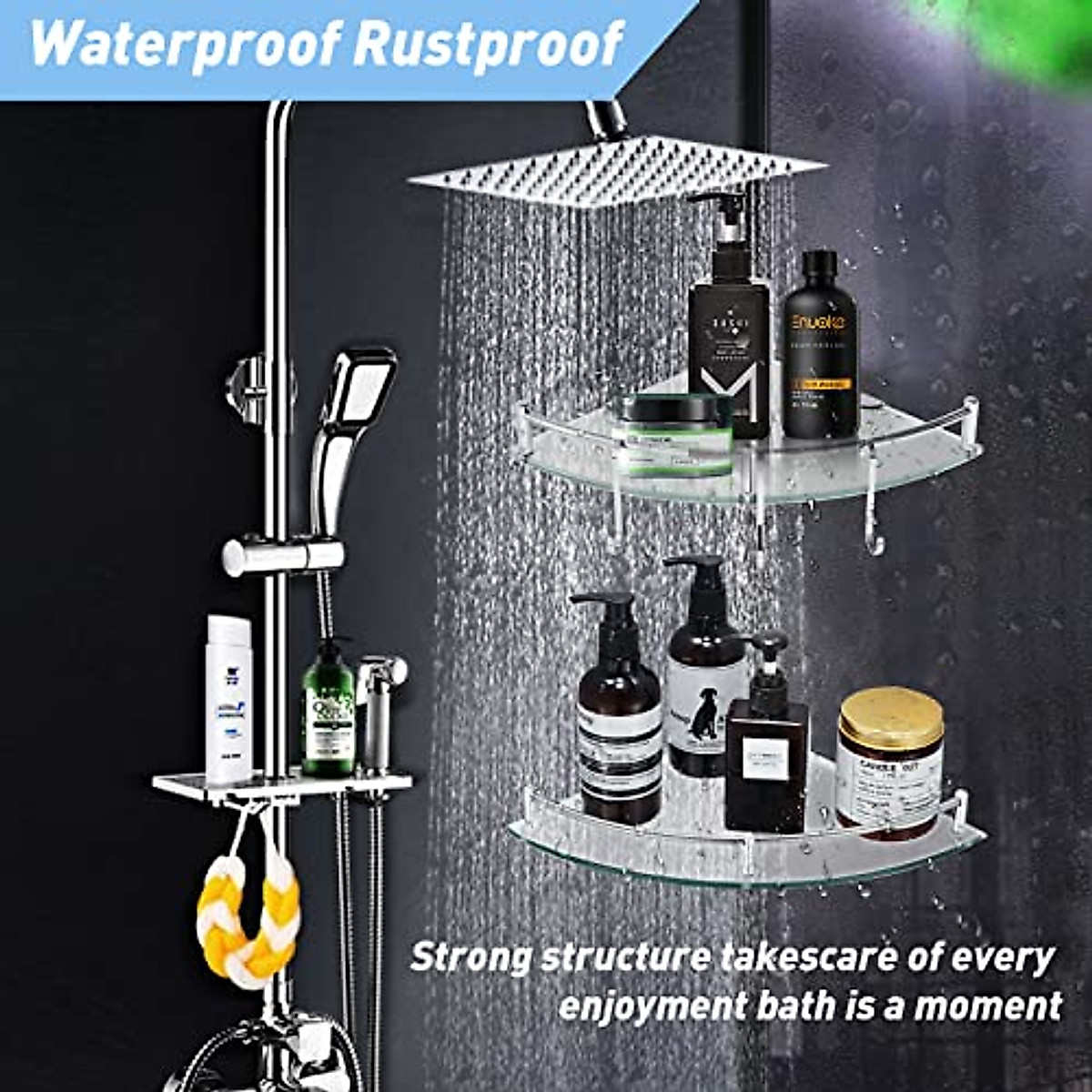 HouseMila Bathroom Shelf, 2 Tier Glass Bathroom Wall Shelf with Extra 3 Hangers Floating Glass Corner Shelves with Nail Shampoo Organizer