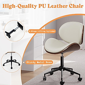 AMERLIFE Home Office Chair Set of 2, PU Leather Desk Chair, Modern Swivel Chair with Curved Back, Armless Desk Chair with Wheels for Home Office, White