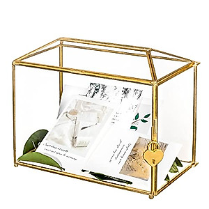 NCYP Gold Glass Cards Box with Slot and Lock for Wedding Reception - 10.2x5.9x7.9 Inches - Birthdays Party Card Holder, Home Geometric Decorative Box, Large Clear Terrarium (Glass Box Only)