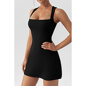 QINSEN Woman's Square Neck Tank Top Dress Tummy Control High Waist Flared Tennis Dress Black Small