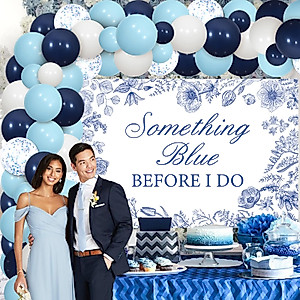 JOYMEMO Something Blue Before I Do Bridal Shower Decorations for Women, Blue and White Balloons Garland Arch Kit with Blue Flower Party Backdrop, I Do Diamond Ring Balloon, Bachelorette Party