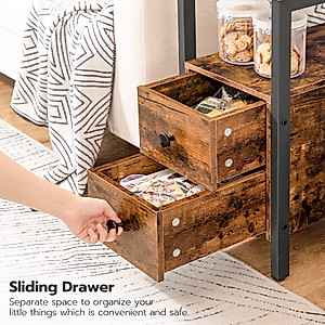 HOOBRO End Table with Charging Station, Narrow Side Table with 2 Drawer & USB Ports & Power Outlets, Nightstand for Small Spaces, for Living Room, Bedroom, Rustic Brown and Black BF541BZ01