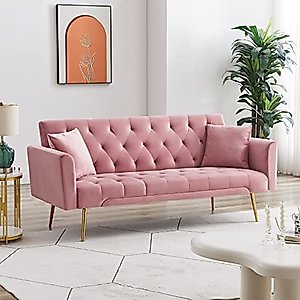 FANYE Tufted Upholstered Futon Daybed Modern Convertible Loveseat Sofa Soft Convenient Nap Sleeper Couch Bed for Home Office Apartment Furniture Sets Love Seats, Pink Velvet with 2 Pillows Metal Legs