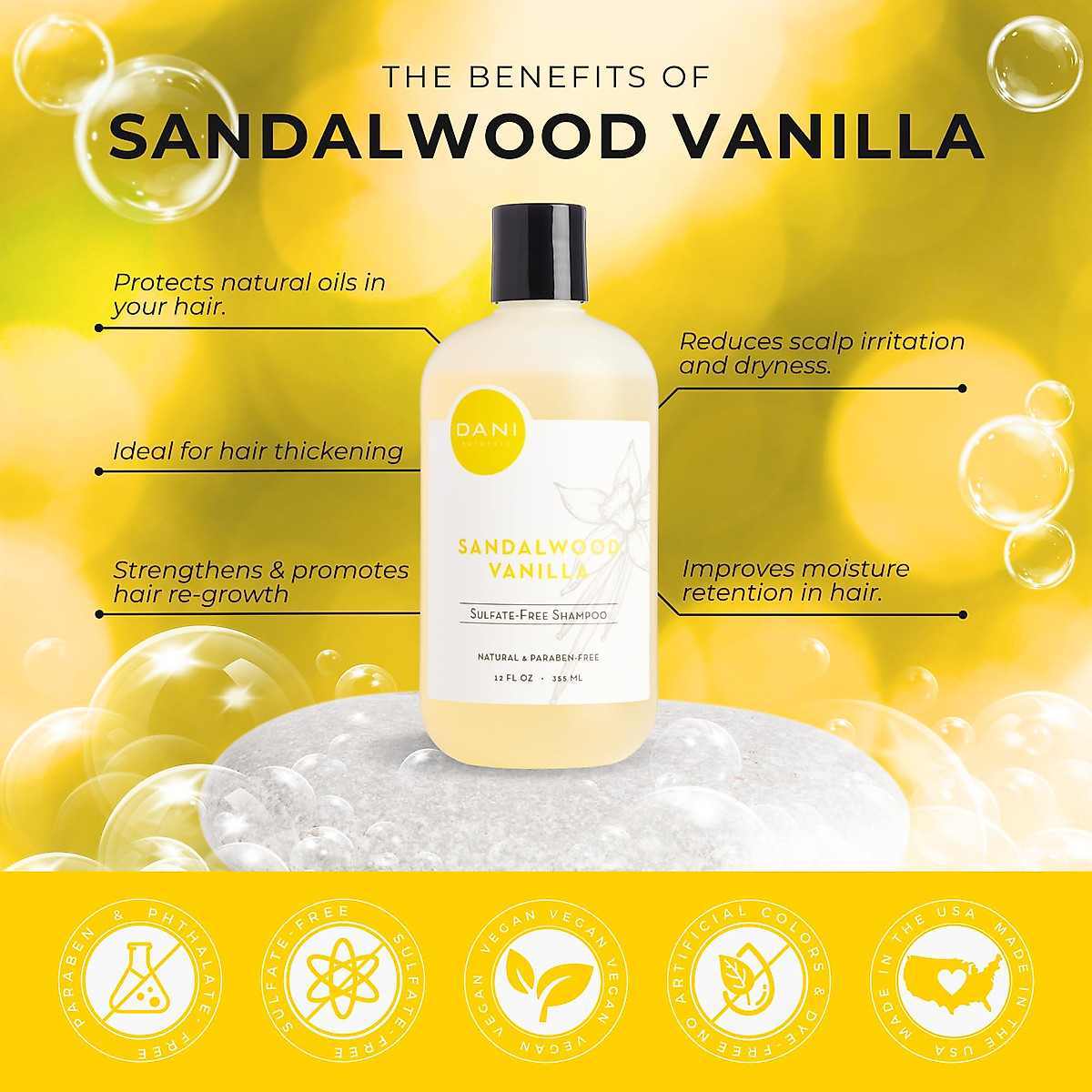 DANI Natural Moisturizing Shampoo Naturals - Warm Sandalwood Vanilla Essential Oil - Organic Aloe Vera & Coconut Cleansers - Sulfate, Phthalate & Paraben Free - Vegan & Cruelty Free - 12 Ounces