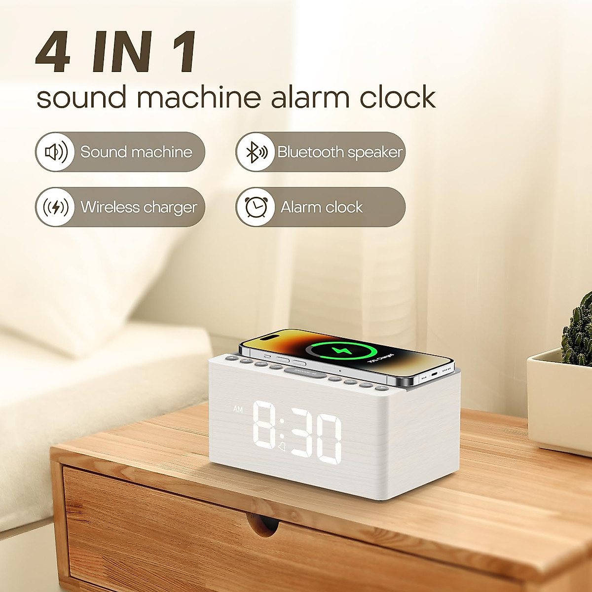 ANJANK Wooden Sound Machine Alarm Clock for Bedroom, Bluetooth Speaker, Wireless Charging Station for iPhone/Samsung, Sleep Timer, 0-100% Dimmer, White Noise Machine for Sleeping Adults with 20 Sounds