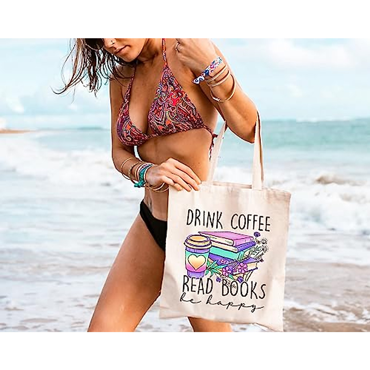 GXVUIS Drink Coffee Read Books Be Happy Canvas Tote Bag for Women Aesthetic Reusable Grocery Shopping Bags Gifts for Girls White