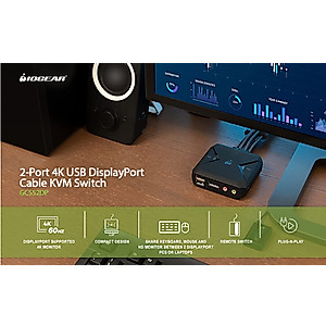 IOGEAR 2-Port USB DisplayPort Cable KVM Switch - 4K 30Hz - Remote Switch Button - Plug n Play - USB Expandable With USB Hub - 7.1 HD Audio - Mac Win - GCS52DP