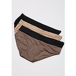 Warner's Women's Blissful Benefits No Muffin 3 Pack Hipster Panties, Black/Toasted Almond/lace dot Print, L