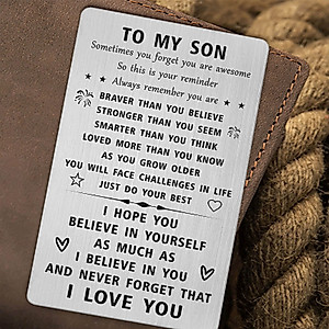 SOUSYOKYO I Love My Son Gifts, Son Christmas Engraved Wallet Card, Inspirational Birthday Gift for Son, Personalized Graduation Card for Awesome Son, Happy Fathers Day Present for Son from Mom and Dad