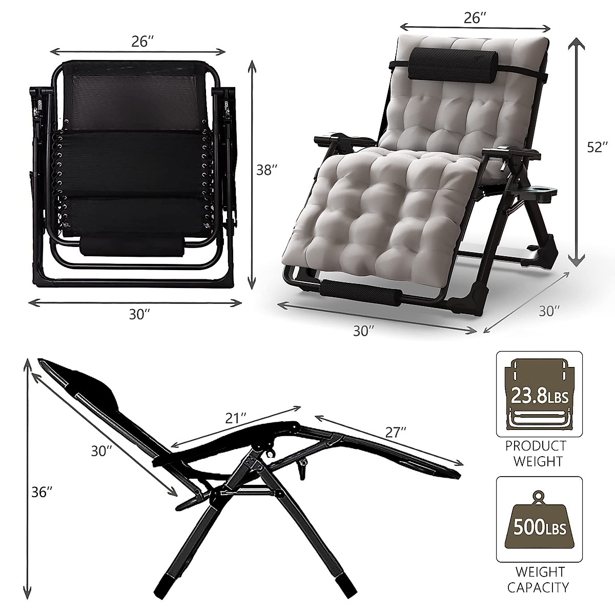 soliles Oversized XXL 33 in Zero Gravity Chair, Reclining Lounge Chair with Removable Cushion & Tray for Indoor and Outdoor, Ergonomic Patio Recliner Folding Reclining Chair